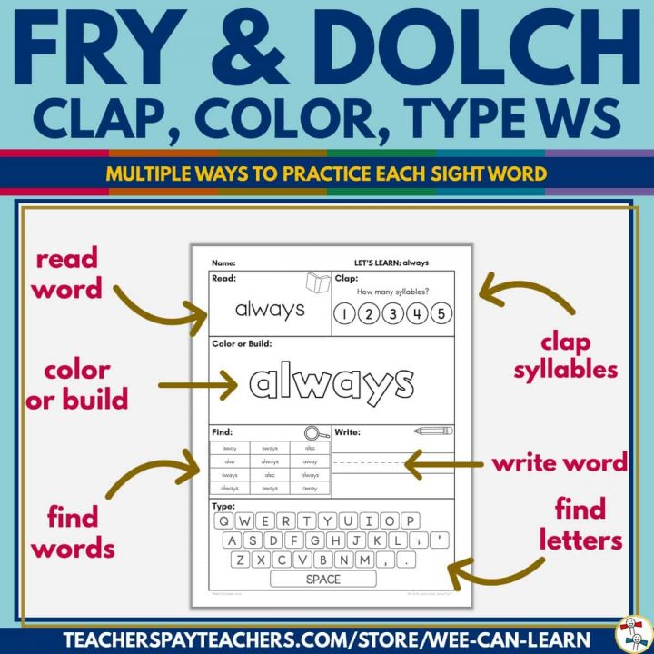 Dolch & Fry Sight Words Worksheets - Clap, Find, Type [Download Now!]