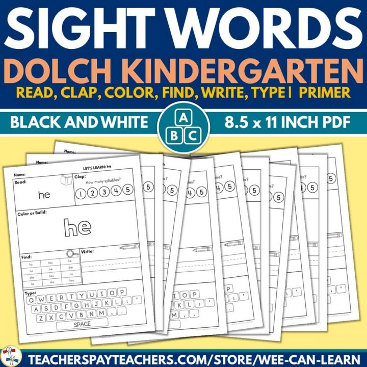 Dolch Sight Words Kindergarten Worksheets - Clap, Find, Type [FREE ...