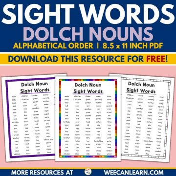 Noun Dolch Sight Word List (Alphabetical) [FREE Download!]