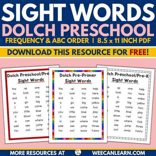 Preschool/Pre-K Dolch Sight Word List (Alphabetical, Frequency) [FREE ...