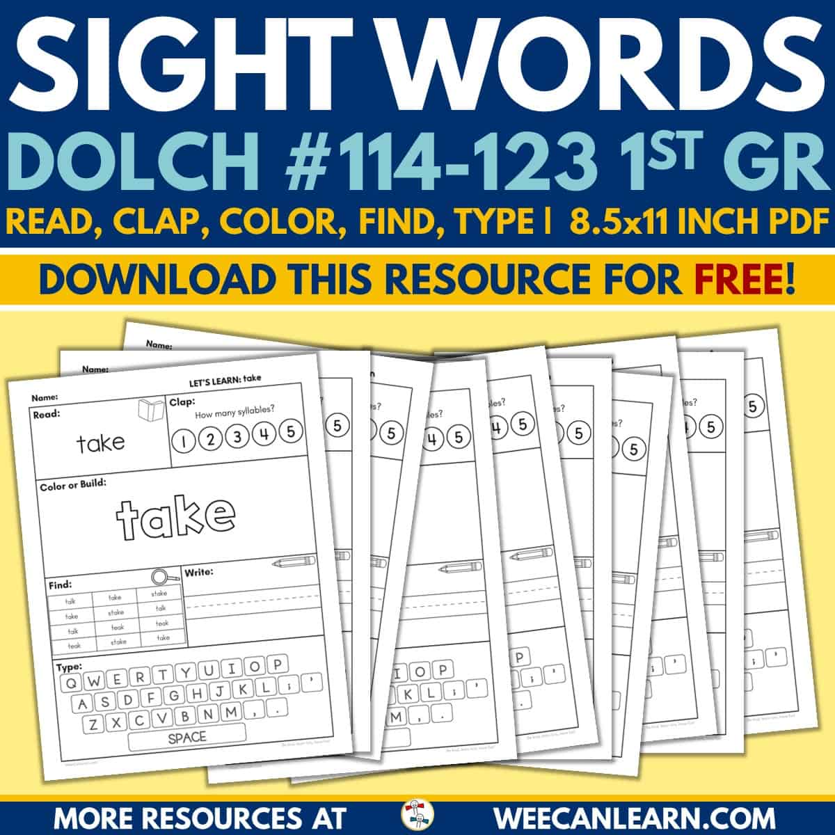 Dolch Sight Words 114-123 Worksheets - Clap, Find, Type [FREE Download!]