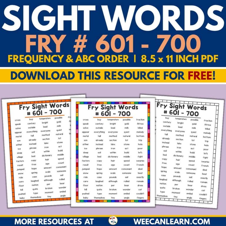 Fry Sight Word List #601-700 (Alphabetical, Frequency) [FREE Download!]