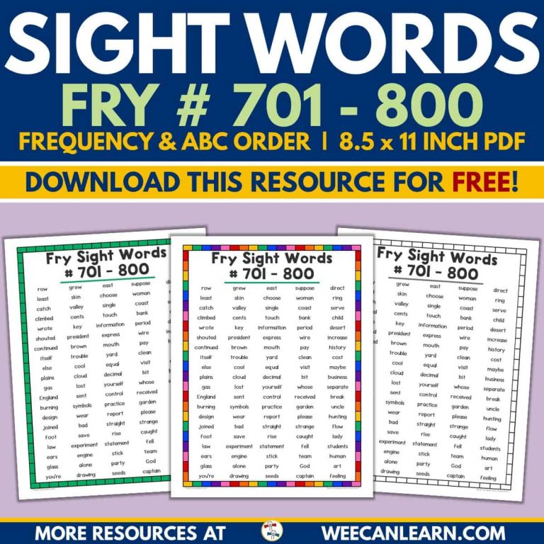 Fry Sight Word List #701-800 (Alphabetical, Frequency) [FREE Download!]