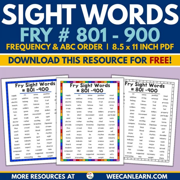 Fry Sight Word List #801-900 (Alphabetical, Frequency) [FREE Download!]